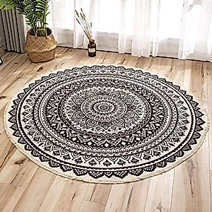 Kitchen mat, bathroom mat, carpet, washable and so Round Cotton Area Rug, Boho Style Geometric Pattern Soft Carpet Tassel Rug Chair Pads Machine Washable Easy Clean for Home Living Room Bedroom Dining