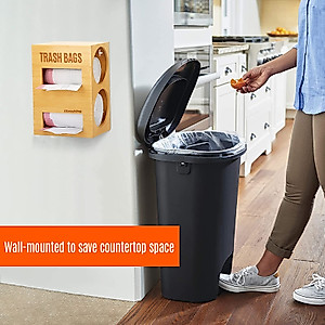 Libreshine 2 in 1 Trash Bag Dispenser Roll Holder 13 Gallon, Garbage Bag Storage Dispenser, Trash Bag Organizer Under Sink, Wall Mount Bamboo Garbage Bag Organizer for 2 Rolls of Plastic Bags