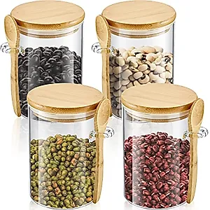 Tessco Set of 4 Sugar Container Airtight Glass Jars with Bamboo Lids and Spoons 17oz Glass Canisters Glass Jars Lid Sealed Glass Coffee Containers Food Jars Canisters for Kitchen Spice Beans