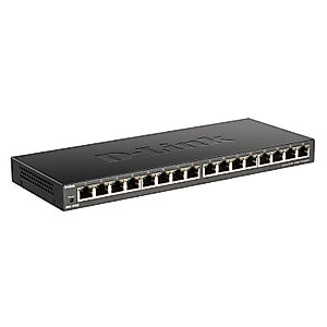 D-Link Ethernet Switch, 16 Port Gigabit Slim Switch Plug and Play, Unmanaged, Metal Housing, Quiet Fanless Design, IEEE 802.3az EEE, 5-Year Limited Warranty (DGS-1016S) Black