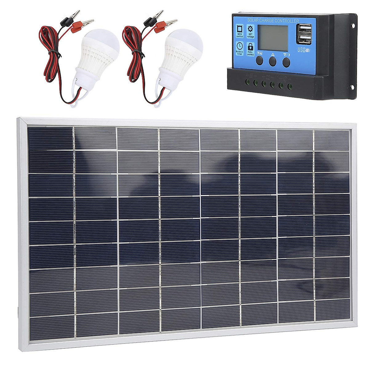 Solar Panel, 15W 18V Polycrystalline Solar Panel 12V/24V PWM Solar Controller 2pcs LED Bulb for Car RVs Ship Battery Charger(10A)