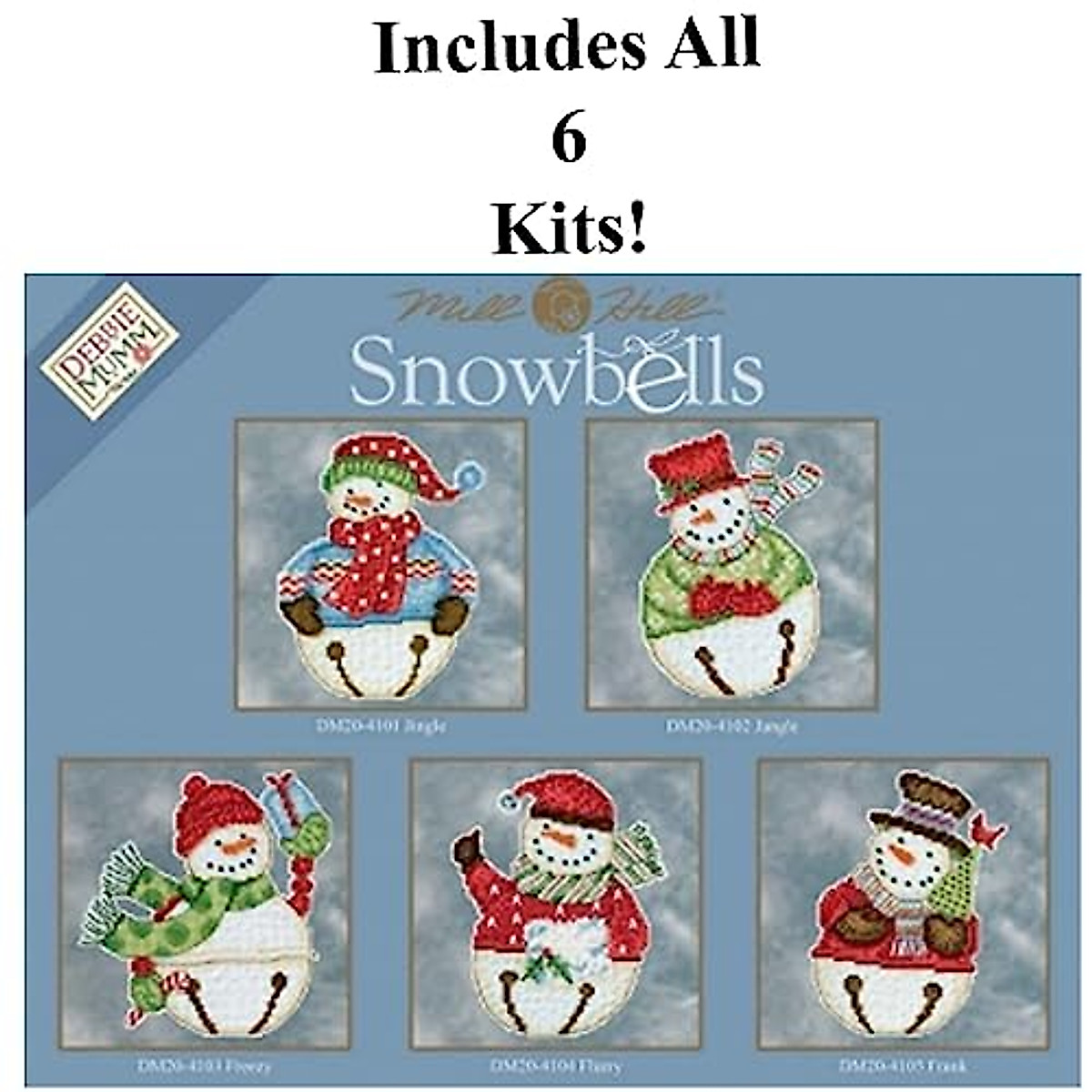 Debbie Mumm Snowbells Snowmen (2014), Set of 5 Mill Hill Winter Themed Beaded Cross Stitch Ornament Kits, Plus Decorative 'Needlworker' Sticker