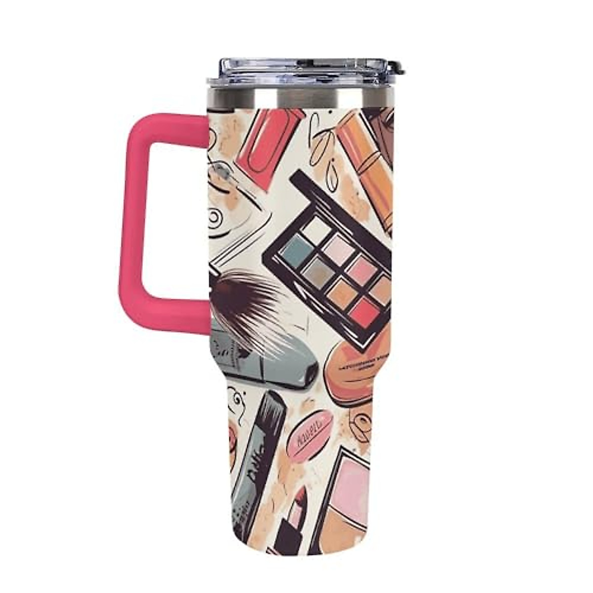 40 Oz Vacuum Tumbler with Light Rose Red Handle Leakproof Insulated Tumbler Cosmetic And Makeup Theme Pattern Stainless Steel Travel Mug with Lid And Straw Coffee Cup Cute Water Bottles Cup Holder Fri