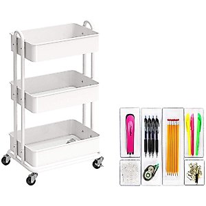 SimpleHouseware Heavy Duty 3-Tier Metal Utility Rolling Cart + 6 Pack - Plastic Desk Drawer Organizers
