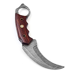 Handmade Hunting Damascus steel Hunting Knife with Genuine Leather Sheath | 7.5'’ EDC Knife for Men | Fixed Blade Outdoor Knife with Rose Wood Handle | Full Tang Razor Sharp Blade