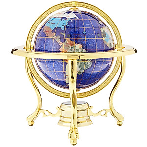Unique Art 10-Inch Tall Table Top Blue Crystallite Ocean Gemstone World Globe with Gold Tripod Stand