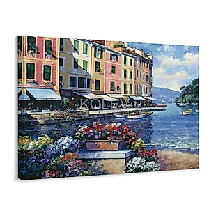 KOLEV Italy Portofino Landscape Oil Painting Poster Retro Landscape Painting Room Wall Decoration Aestheti Canvas Poster Bedroom Decor Office Room Decor Gift Frame-style 20x16inch(50x40cm)