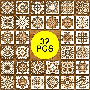 32 Pcs 6 x 6 inch Mandala Painting Stencils, Stencils for Painting on Wood, Rangoli Stencils, Art Supplies, Flower Stencils Painting Template for Floor Wall Tile Fabric Wood Stencils DIY Decor