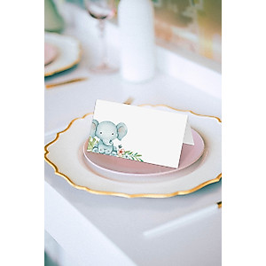 Place Cards for Blue Elephant Party, Editable Name Place Cards, Seating Place Cards for Tables, Tent Style Cards for Baby Shower, Birthday Party, Easy Folding, Pack of 25 Escort Cards(B04)