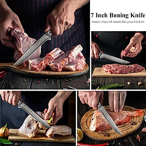 RedCall Boning & Fillet Knife,Ultra Sharp Japanese Boning Knife,Damascus Steel Butchers Knife,Full Tang & Ergonomic Handle Ideal Gift