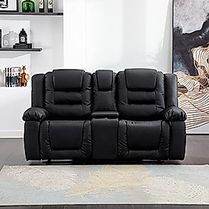PU Leather Double Reclining Sofa with Center Console, Upholstery Manual Recliner Loveseat Couch w/Easy Pull Handles and Adjustable Footrest, 2-Seater Sofa & Couch for Home Theater Seating