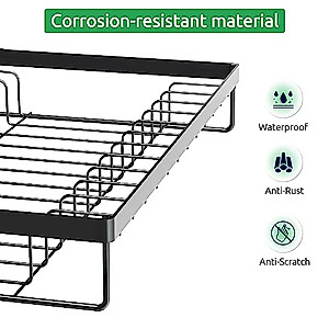 KOOTETA Dish Drying Rack, 2-Tier Dish Rack for Kitchen Counter, Space Saving Kitchen Drying Rack, Dish Dryer Rack with Drainboard, Utensil Holder and Cup Holders, Black