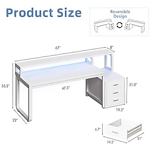 White Desk with 3 Drawers, 67 Inch White Computer Desk with Long Hutch, Home Office Desk with Storage, Home Office Desk with LED Light and Printer Stand, Heavy Duty Leg, Monitor Shelf for Bedroom
