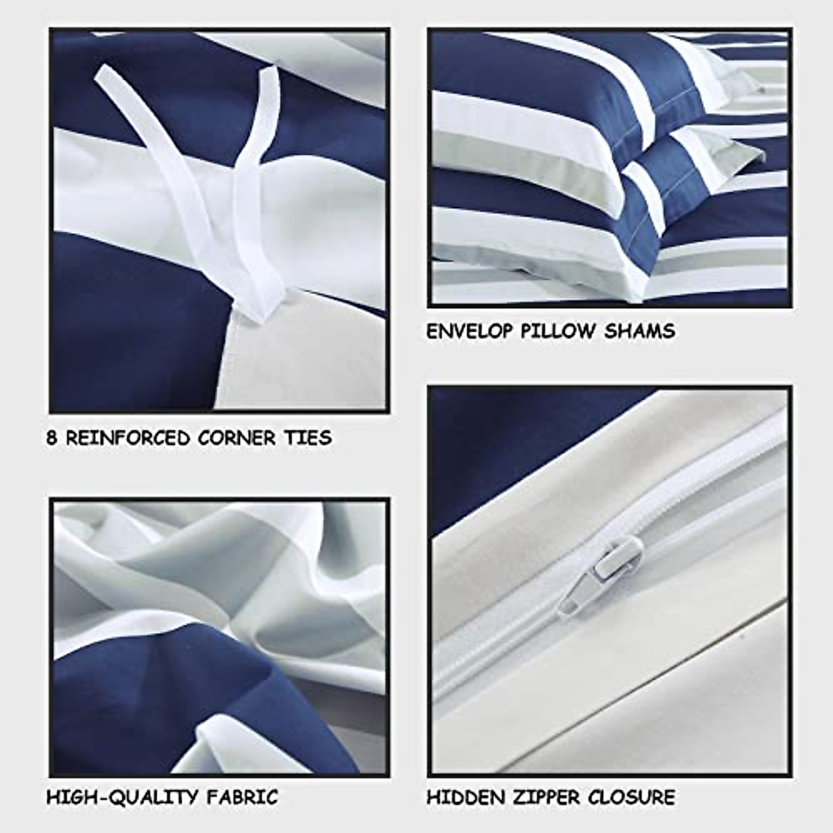 Bedduvit Striped Queen Duvet Cover - 100% Cotton Duvet Cover Queen Size,3 Piece Navy Duvet Cover Queen,Simple Modern Queen Duvet Cover with Zipper Closure & 8 Ties (90"x90", No Comforter)