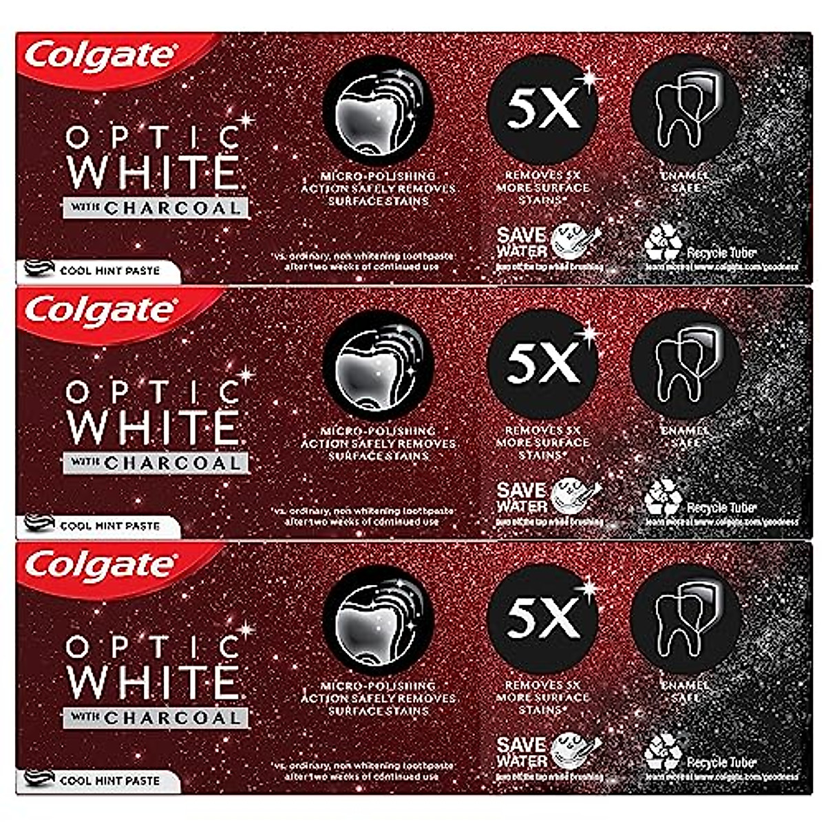 Colgate Optic White with Charcoal Whitening Toothpaste, Cool Mint Flavor, Safely Removes Surface Stains, Enamel-Safe for Daily Use, Teeth Whitening Toothpaste with Fluoride, 3 Pack, 4.2 Oz Tube