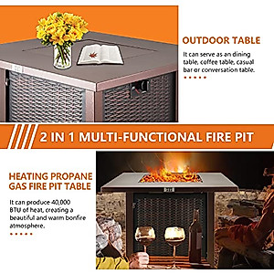 SEGMART Outdoor Propane Fire Pit Table 40000 BTU Gas Fire Pit Table for Outside Patio/Garden/Courtyard, Square Fire Pit with Lid, Auto-Ignition, Lava Rock, Wicker Steel Surface, Outdoor Companion