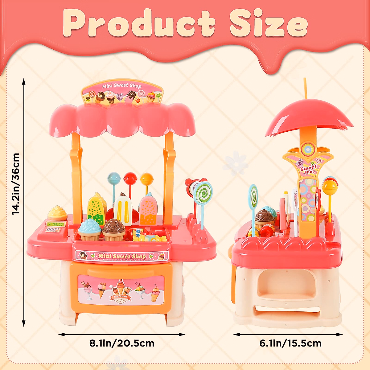 deAO Ice Cream Toy Stand Play Set for Boys& Girls, Educational Ice Cream Counter Deluxe Playset, Desserts Cake Ice Cream and Candy Pretend Play Food Sets, Birthday for Kids Aged 3-12
