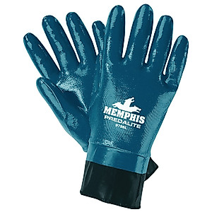 MCR Safety 9786L Predalite Nitrile Rubber Fully Coated Gloves with PVC Safety Cuffs, Smooth, Blue/White, Large, 1-Pair