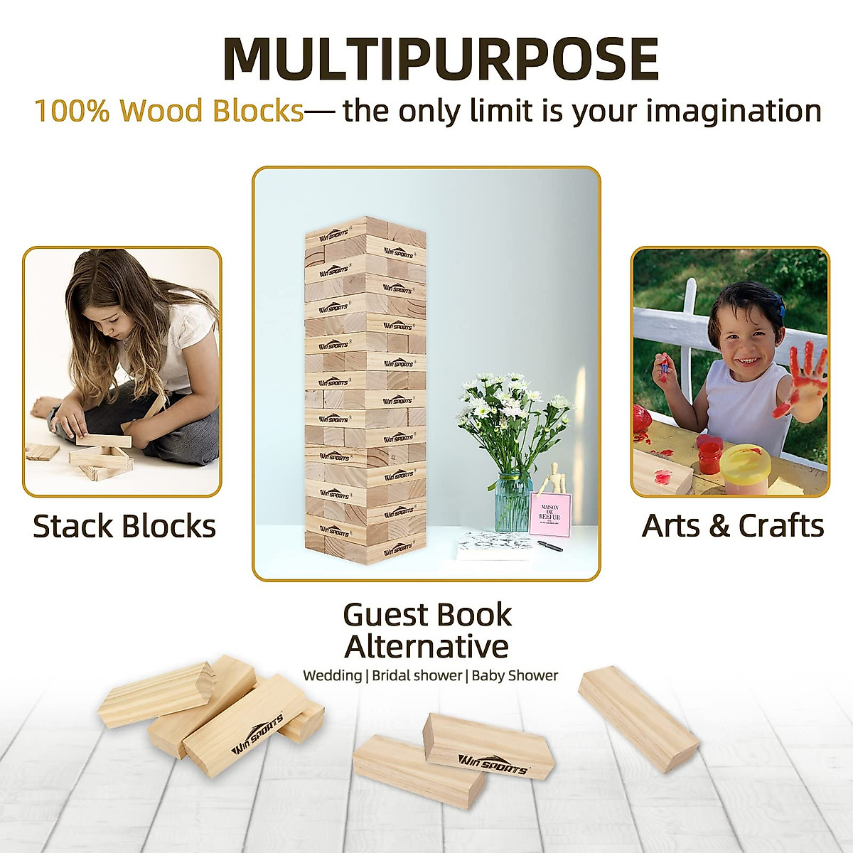 WIn SPORTS Giant Tumbling Timbers - Yard Games Large Wooden Tumble Tower Blocks Stacking Yard Game, with 1 Dice Set &Stacks to Over 5 FT,Made from Premium Pine (7.5"x2.5"x1.5", 54 PCS)