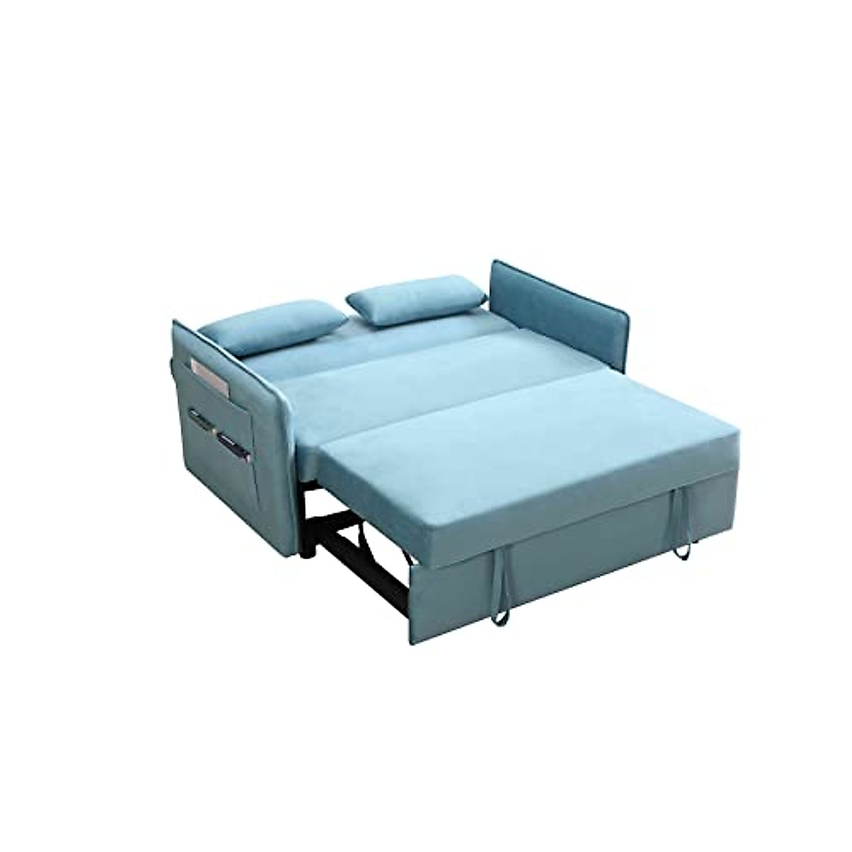 Cotoala Modern Velvet Convertible Loveseat Sleeper Sofa with Adjustable Pull Out Bed w/Arms & Two Side Pockets, Two Lumbar Pillows, 2 Seat Couch Living Room and Apartment, Blue