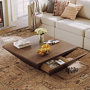 POVISON Modern Coffee Tables for Living Room, Square Coffee Table with Storage, Wood Coffee Table with Drawers, 39.4" Walnut Trapezoidal Living Room Tables for Home Office, Fully Assembled