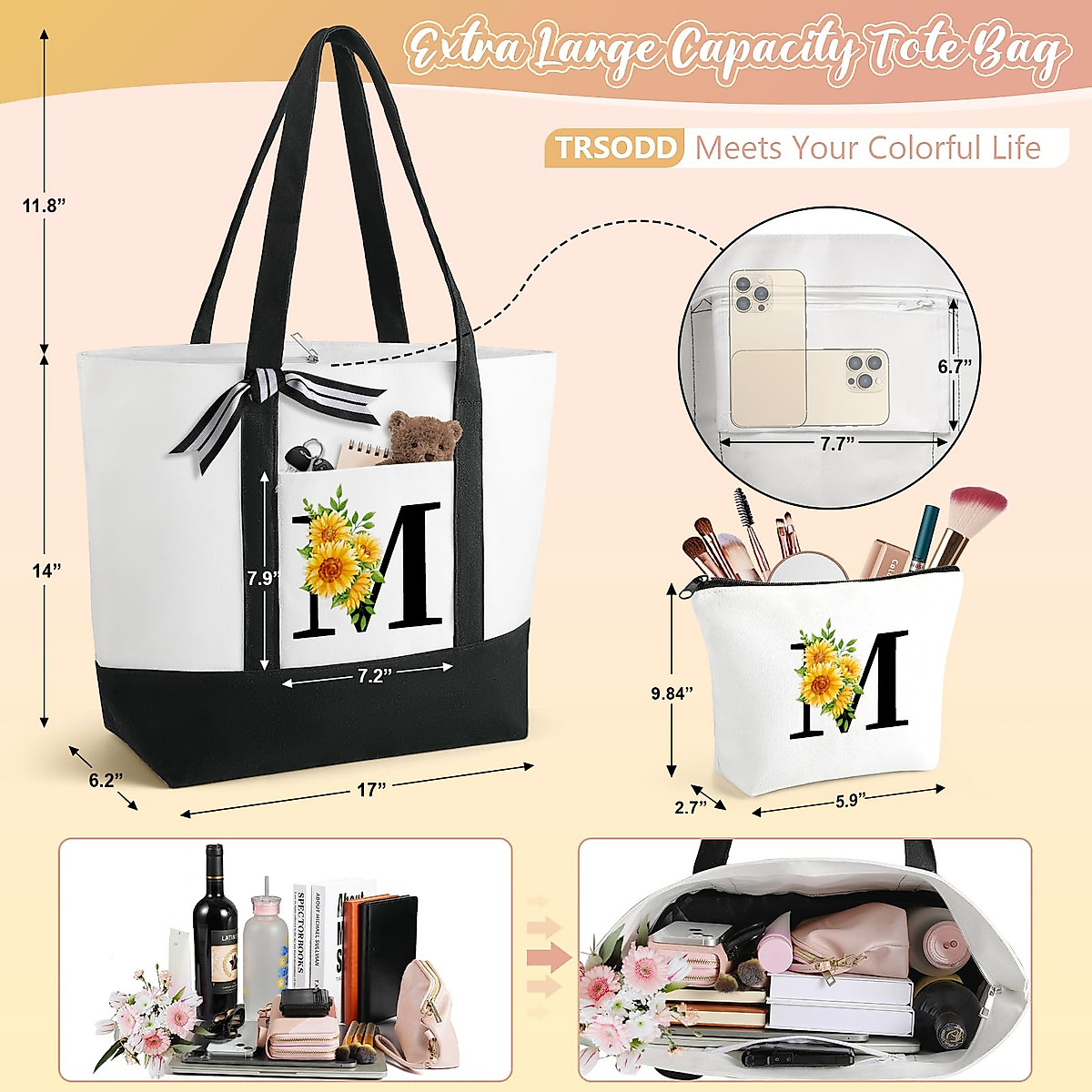 TRSODD Womens Christmas Gifts, Ini-tial Tote Bag for Women w Makeup Bag, Personalized Sunflower Gifts, 50th Birthday Grandma Mom Bride Sister Gifts, Mono-gram Beach Bag w Inner Pocket Card Gift Box M