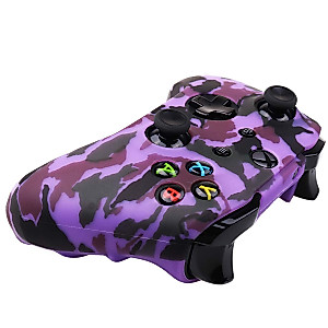 YoRHa Water Transfer Printing Camouflage Silicone Cover Skin Case for Microsoft Xbox One X & Xbox One S Controller x 1(Purple) with PRO Thumb Grips x 8