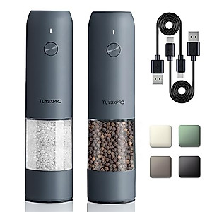 Electric Salt and Pepper Grinder Set with USB Rechargeable, Automatic One Hand Operation with Adjustable Coarseness, Pepper Mill Grinder Refillable with LED Light, Kitchen Gadgets (2 Packs, Blue-Grey)