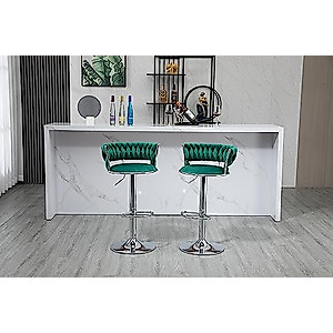 Kakotito 360° Velvet Swivel Bar Stools with Low Back & Footrest, Adjustable Counter Barstools, Silver Bar Stool (Set of 2 - Silver Version, Emerald)