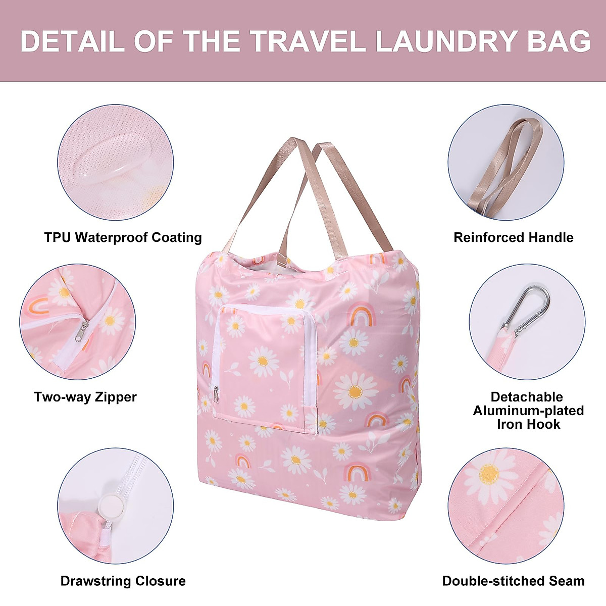SANFERGE 2 Pack Travel Laundry Bag with Handle and Drawstring, Expandable Foldable Dirty Clothes Bags with Hook and Zipper, 23*20 inch, Cartoon 1 White + Pink