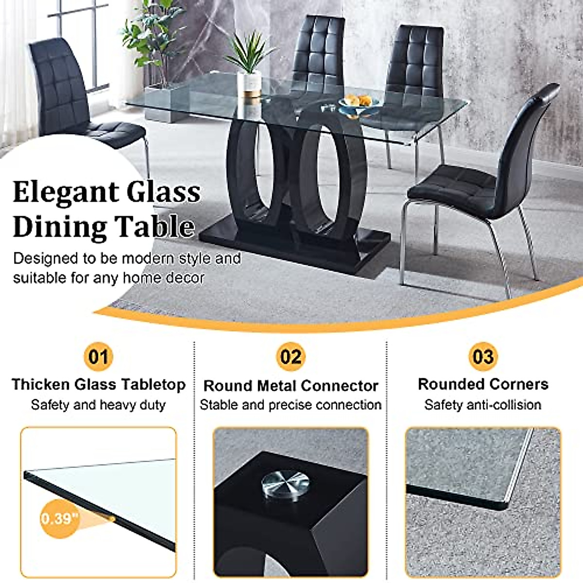 Pvillez Glass Dining Table for 6 People, 63" Modern Glass Dinner Kitchen Table for Dining Room Kitchen, Rectangular Glass Top Dining Table with Black High Gloss Dual Oval Base Pedestal Dining Table