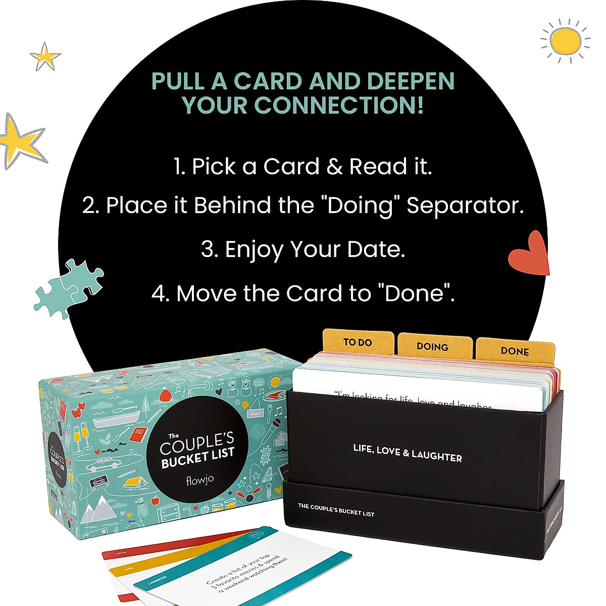 Flowjo Couple's Bucket List - The Couple Games - Couple Cards Date Night Gifts - 100 Romantic & Adventurous Couples Date Ideas - Reconnect, Bond, and Ignite The Spark of Deeper Love!
