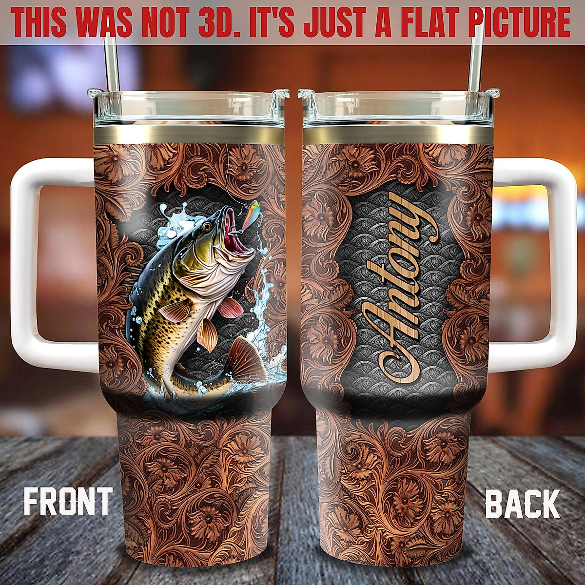 WAZONE Personalized Fishing 40oz Tumbler with Handle and Straw Lid Fish Custom Name Stainless Steel Tumblers Gifts Birthday Christmas Fathers Day for Fisherman Men Dad Boy Friend Husband Grandpa