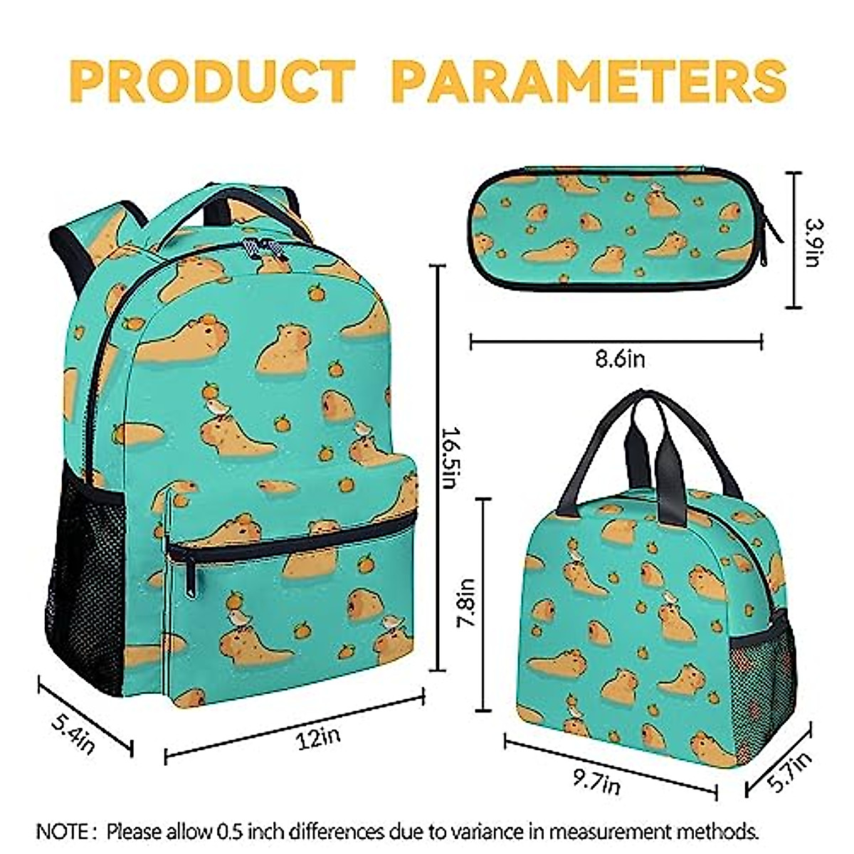 NICEFORNICE Capybara Kids Backpack with Lunch Box, Set of 3 School Backpacks Matching Combo, Cute Green Bookbag and Pencil Case Bundle