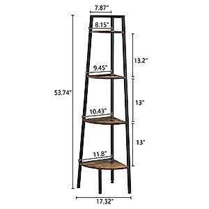 Hoctieon Corner Shelf, 4-Tier Corner Bookshelf, Rustic Corner Ladder Shelf, Industrial Display Shelf for Living Room, Kitchen, Home Office, Balcony, Small Space, Metal Frame, Rustic Brown