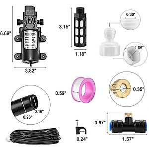 Mornajina Outdoor Misting Cooling System with Pump Kit, 65.6FT(20M) Misting Line with Filter, 26 Brass Mist Nozzles, 1 Brass Adapter (3/4"), 12V DC 60W 5L/Min, Self Priming Sprayer Water Pump
