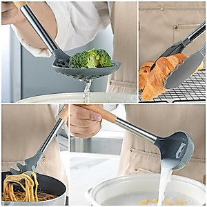 Silicone Cooking Utensils Set, 8pcs Cooking Nonstick Cookware With Wooden Handles and Holder for New Apartment Decor Gadget & Kitchen Tool Gift Sets (Grey)