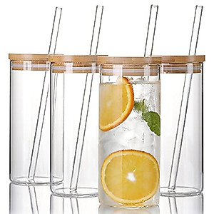 4 Set 20 OZ Drinking Glasses with Bamboo Lids and Straws, Borosilicate Glass Tumbler Cups - Tall Clear Iced Coffee Cups for Smoothie, Water, Juice, Coffee Bar Accessories - Cute Gifts, Reusable