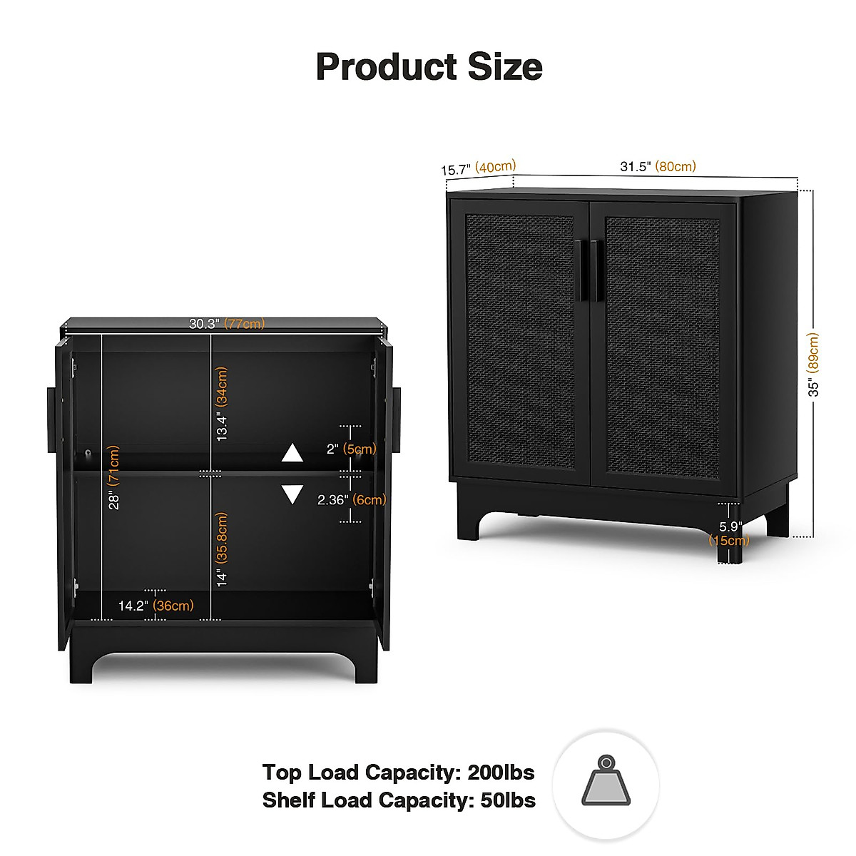 Anmytek Black Rattan Storage Cabinet with 2 Doors, Adjustable Shelf, Large Space - Entryway Hallway Cabinet, Sideboard Buffet for Living Room, Kitchen H0095