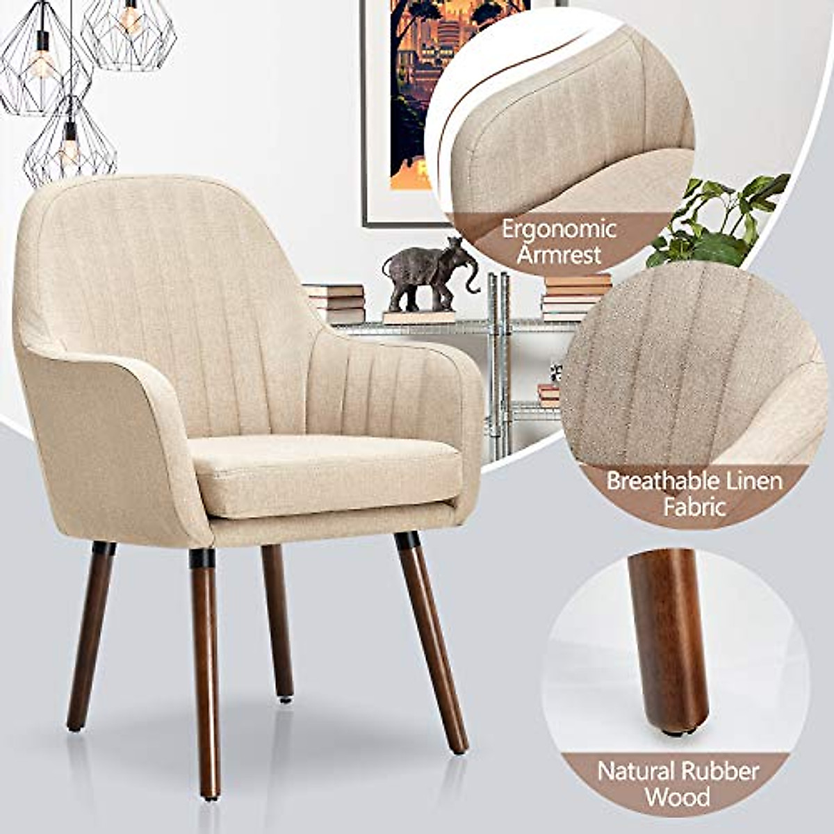 Giantex Set of 2 Fabric Dining Chairs, Accent Upholstered Arm Chair w/Wood Legs, Thick Sponge Seat, Non-Slipping Pad, Modern Leisure Chair for Dining Room, Living Room, Bedroom (2, Beige)
