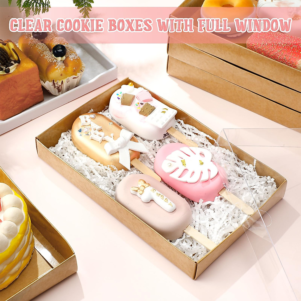 Karenhi 48 Pcs Clear Cookie Boxes with Full Window 9.5 x 5.9 x 1.3 in Bakery Treat Boxes Macaron Chocolate Donuts Pastry Clear Lids Packing Boxes for Mother's Day Wedding Grad Party(Brown)