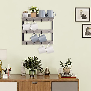 Honiter Coffee Mug Rack Wall Mounted, Rustic Wood Coffee Cup Holder Organizer with 12 Hooks and Storage Shelf , Wall Mug Rack for Display, Collection, Home Kitchen (Gray)