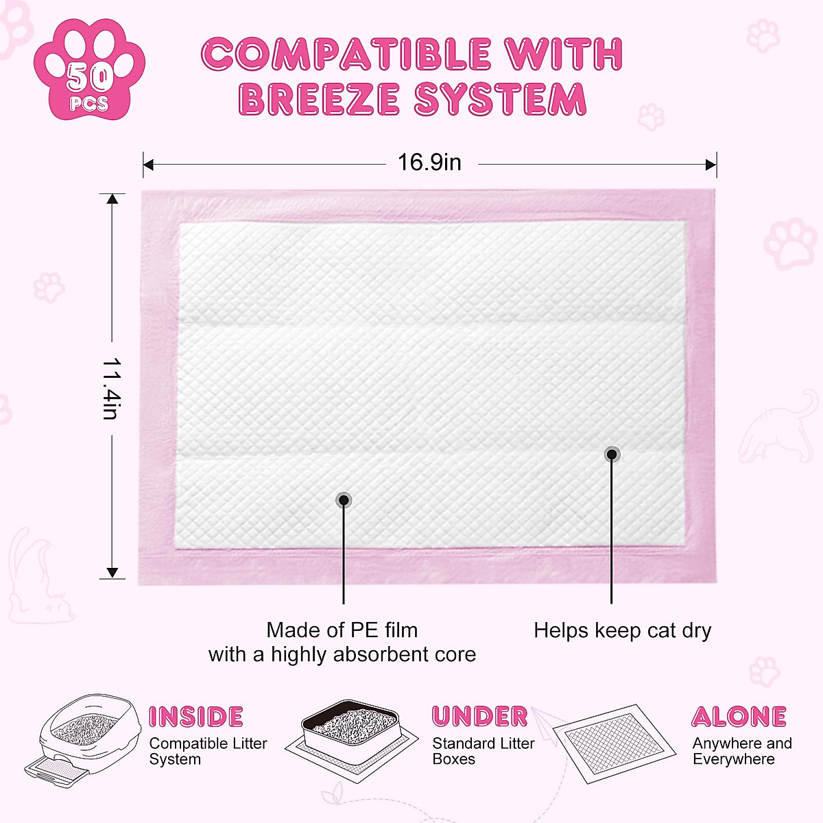 YONKFUL 16.9x11.4 Inch Cat Pad Refills for Tidy Cats Breeze Litter System - Breeze Compatible Refills, Unscented, Super Absorbent 50 Pads for Cat Litter Box, Quick-Dry, Odor Control