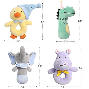 TILLYOU Plush Rattle Toys for Baby Set of 4 - Soft Plush Stuffed Animal Rattle for Newborns, Rattle Shaker Set for Infants, Gifts for Girls Boys, Shaker & Teether Toys for 3 6 9 12 Months