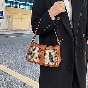 RTGGSEL Retro Women's Contrast Color Plaid Striped Saddle Crossbody Shoulder Handbags Underarm Satchel Tote Clutch Purse Hobo Bag (Brown)