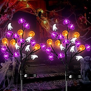 Sakayo 2 Pack Solar Lights Halloween Decorations Outdoor, Outdoor with 20 3D Ghost Bats Pumpkin LED Lights, Modes Waterproof Stake for Party Lawn Decor DCD1242