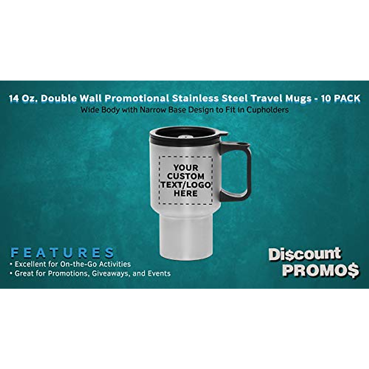 Personalized 14oz Travel Mugs Stainless Steel - 10 Pack - Custom Text, Logo - Stainless Steel