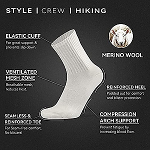 Socks Daze Hiking Socks Merino Wool Crew Sport, Men's Soft Thick Cushioned Moisture Control Fitness Heavy Thermal Wool Climbing Bowling Riding Socks, Large, 4 Pairs White