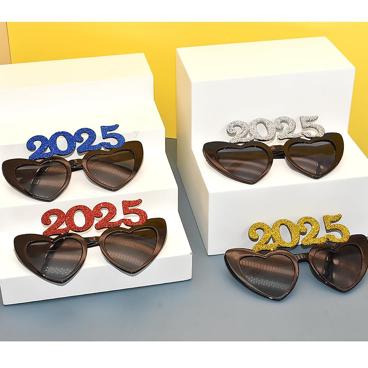 CRAWPROP 4PCS Glitter 2025 Plastic Eyeglasses Heart designs Happy New Year's Eve Glasses Party Decorations Graduation 2025 Party Photo Props Supplies