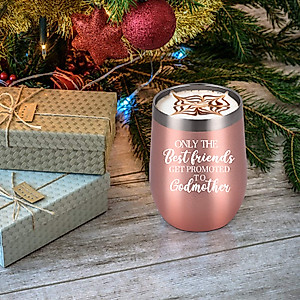 Godmother Gifts, The Best Friends Get Promoted to Godmother Wine Tumbler, Christmas Baby Pregnancy Announcement Gifts for Godmother Friends, 12 Oz Stainless Steel Insulated Tumbler with Lid, Rose Gold